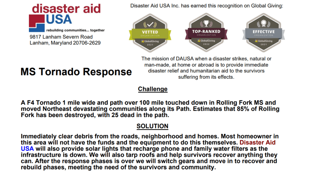 Donate - Mississippi Tornado - Disaster Aid USA